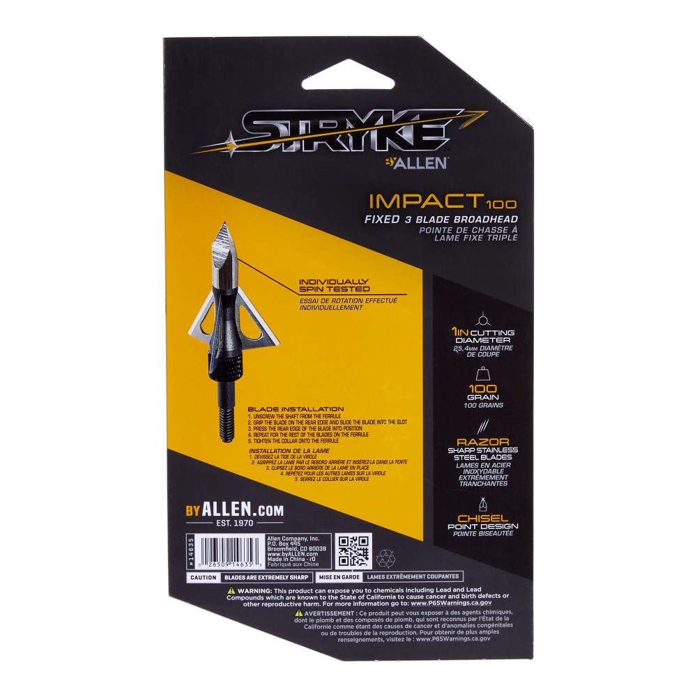 Allen Stryke Impact Fixed Blade Broadhead 100 Grain, Pack of 3 » Tenda ...
